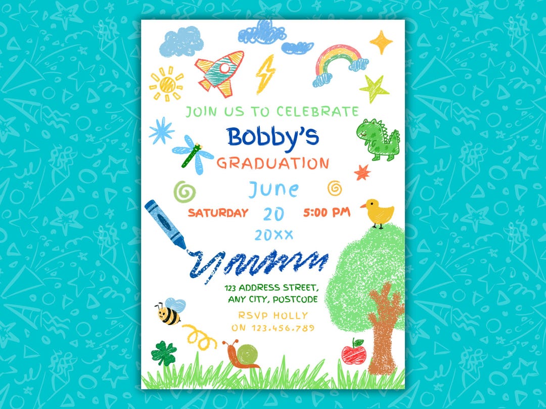 Kids Graduation Invitation | Crayon Doodle Grad Party Invite | Editable ...