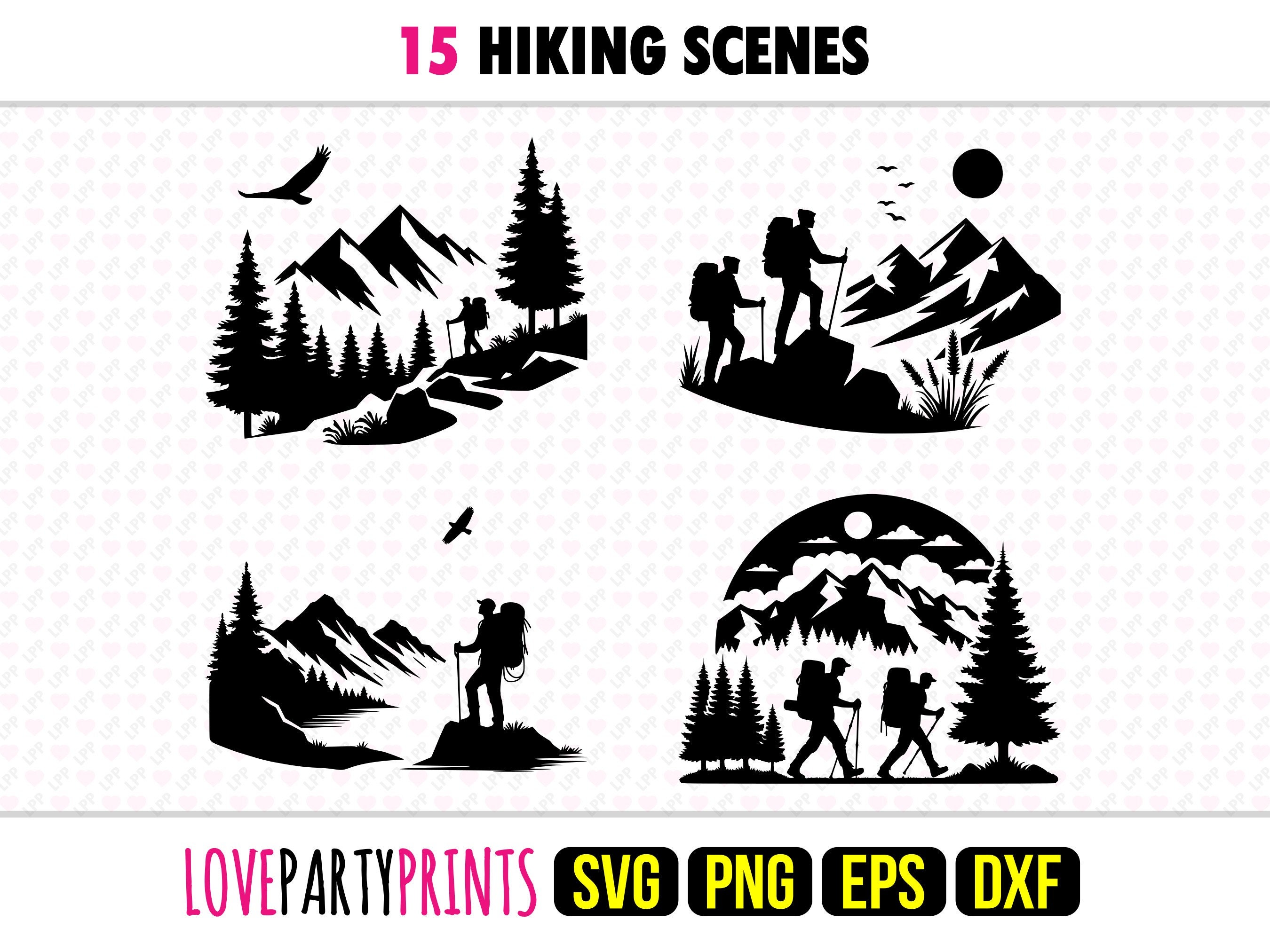 Hiking Scene SVG Bundle, PNG, EPS, Dxf, Outdoor Walking Scenes, Forest ...