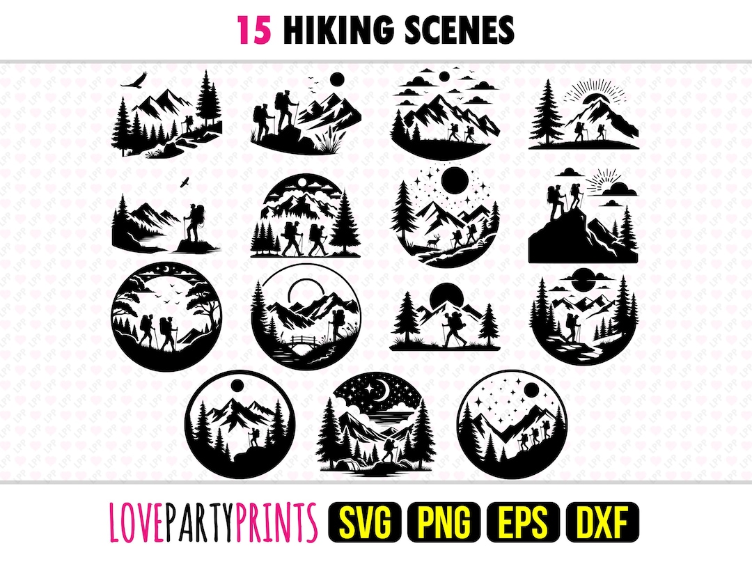 Hiking Scene SVG Bundle, PNG, EPS, Dxf, Outdoor Walking Scenes, Forest ...