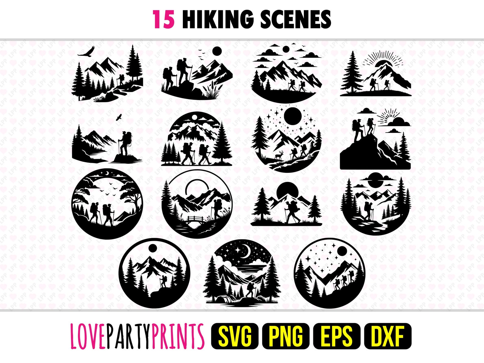 Hiking Scene SVG Bundle, PNG, EPS, Dxf, Outdoor Walking Scenes, Forest ...