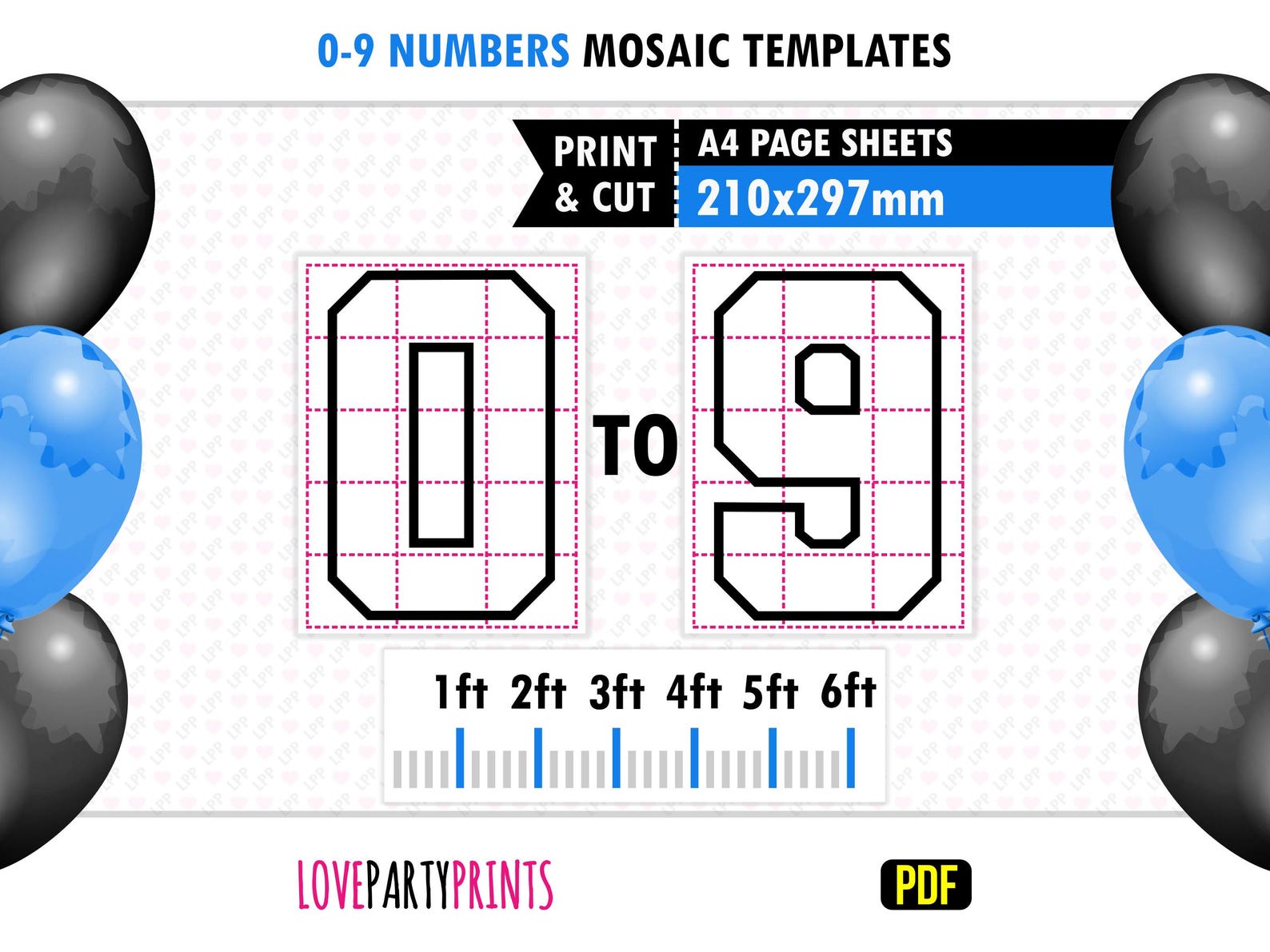 A4 Number Mosaic PDF Balloons Templates, 6ft, 5ft, 4ft, 3ft, 2ft, 1ft ...