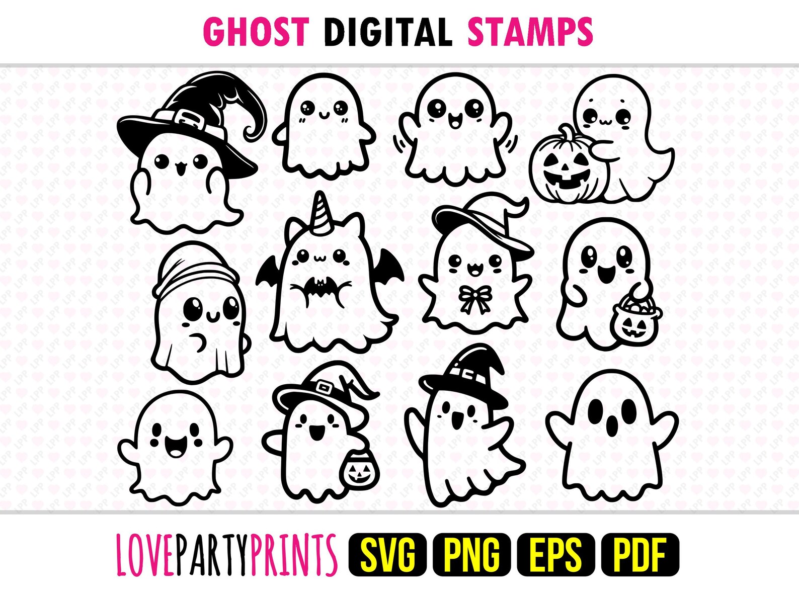 Halloween Ghosts Digital Stamps, 88 Line Art Clipart Bundle, Cute Ghost ...