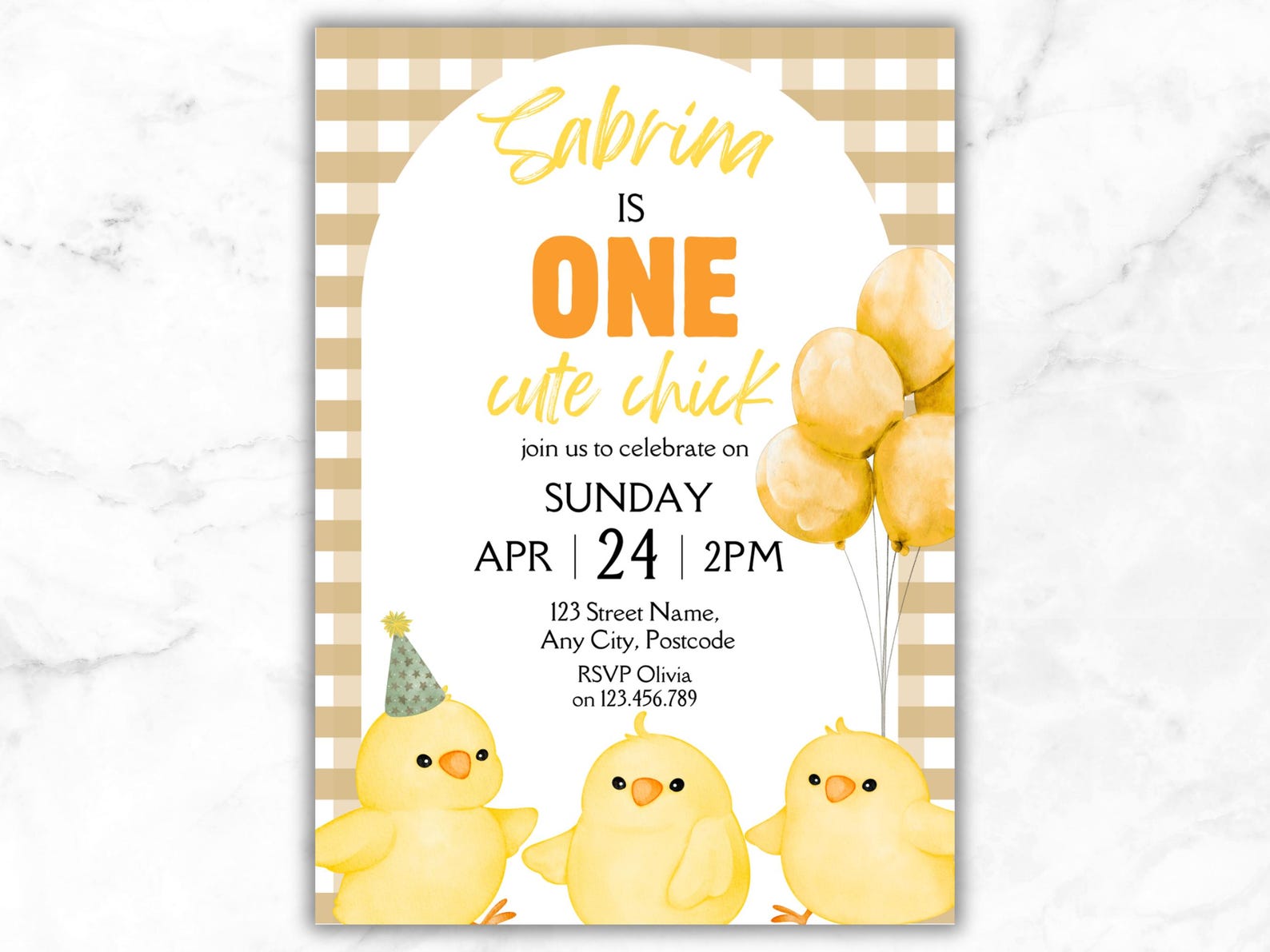 One Cute Chick 1st Birthday Invitation Template | Editable Canva | Baby ...