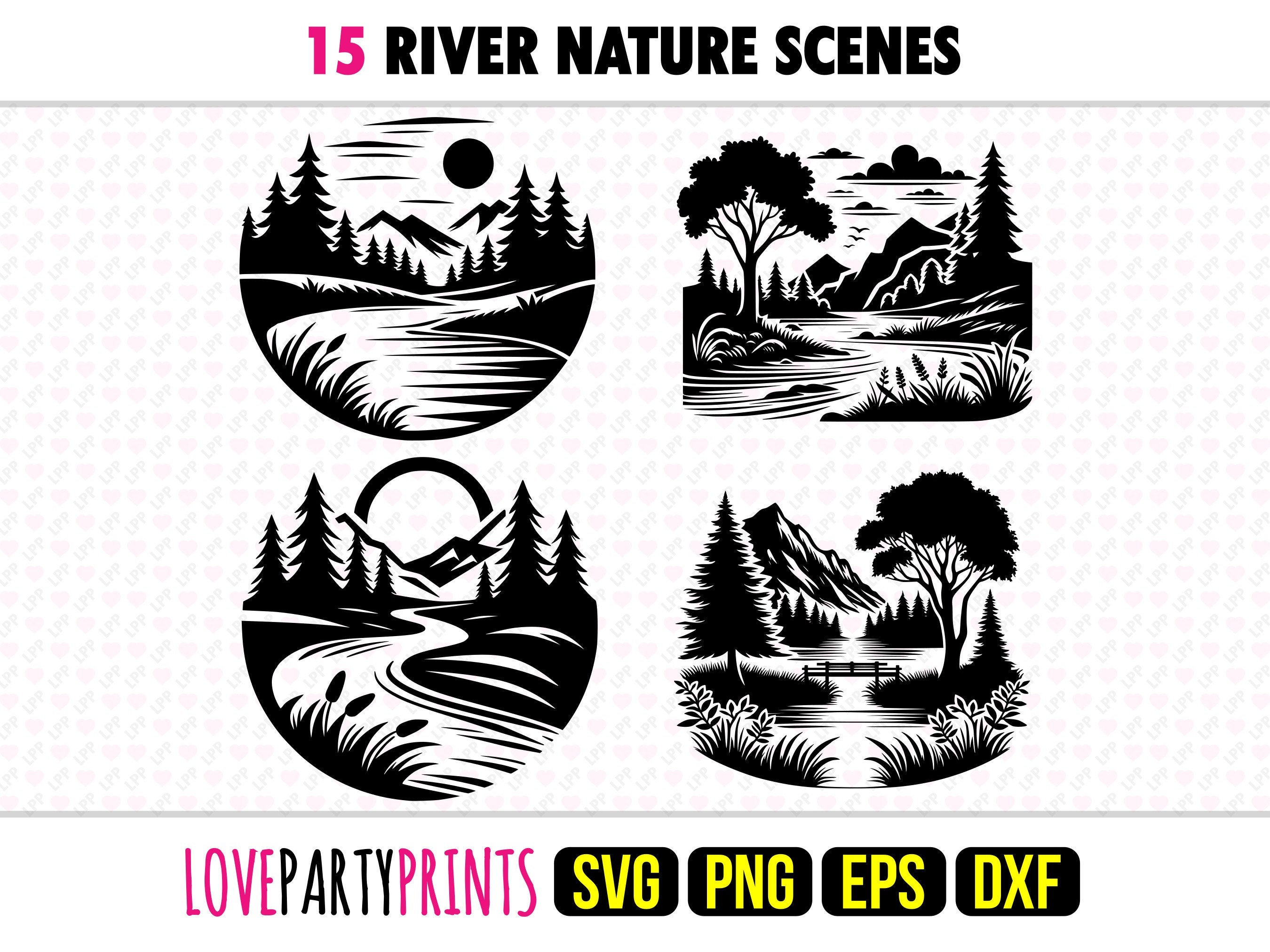River Scene SVG Bundle, PNG, EPS, Dxf, Landscape Rivers Scenes, Nature ...