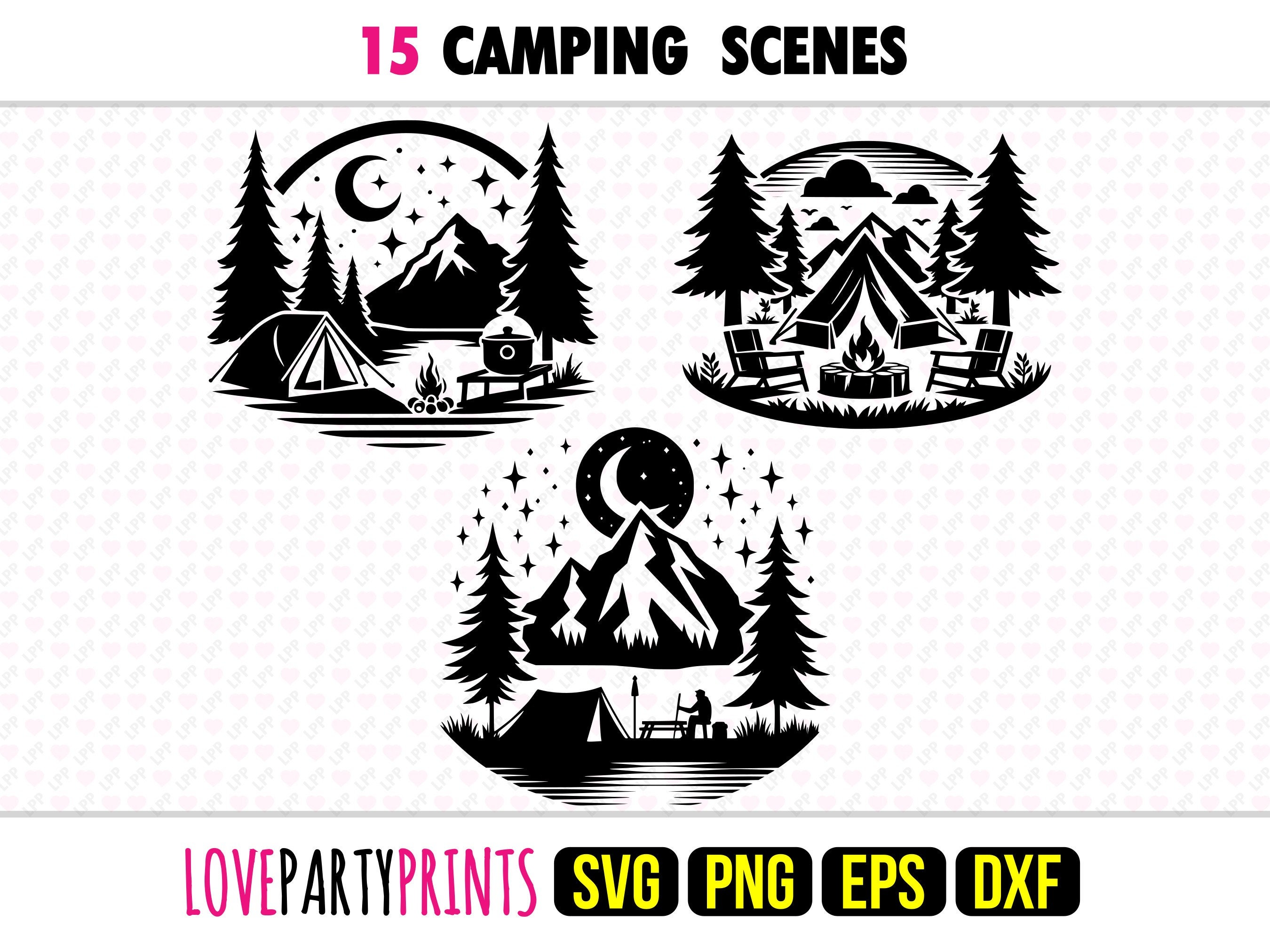 Camping Scene SVG Bundle, PNG, EPS, Dxf, Campfire Scenes, Mountain ...
