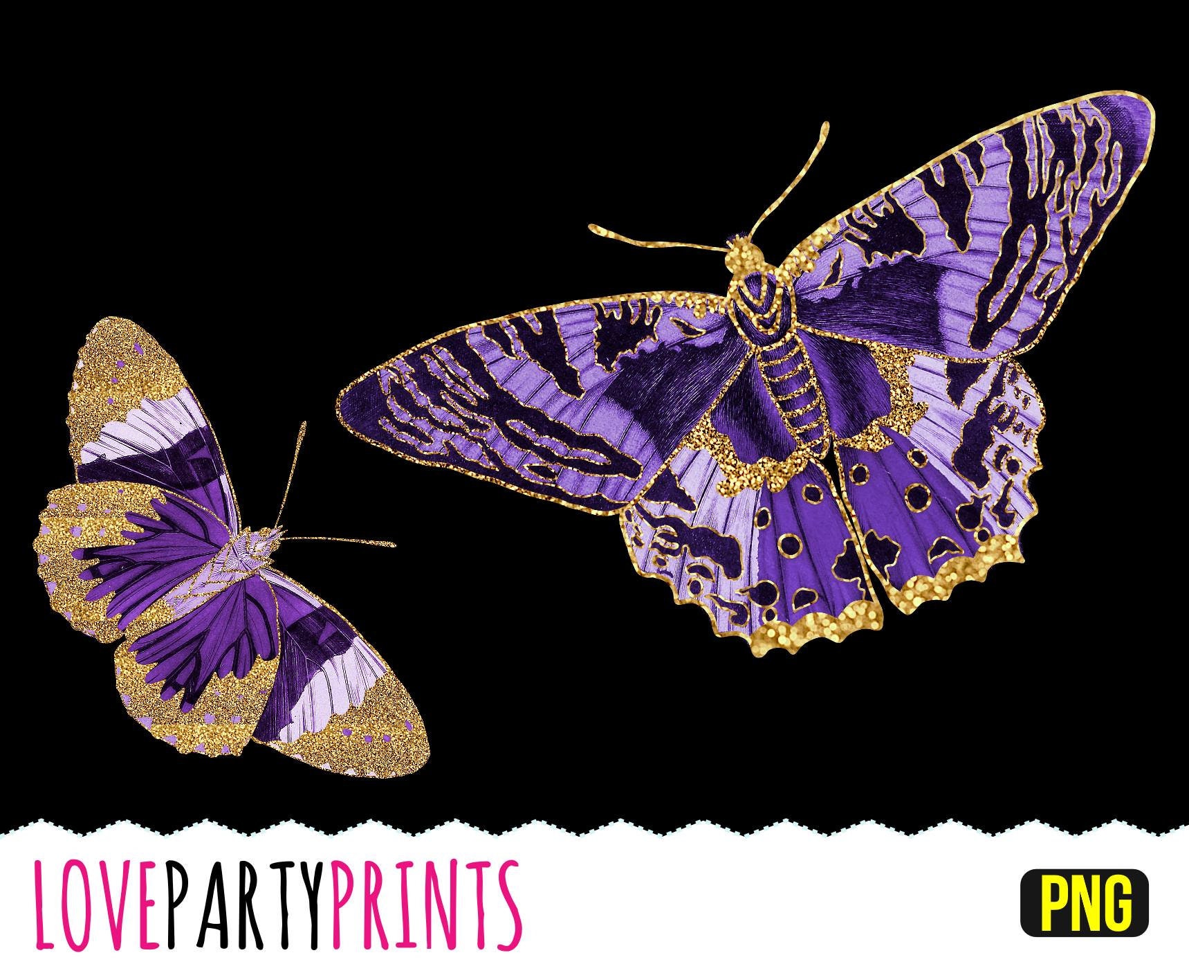 Purple Butterflies Clipart PNG format Gold Glitter | Etsy