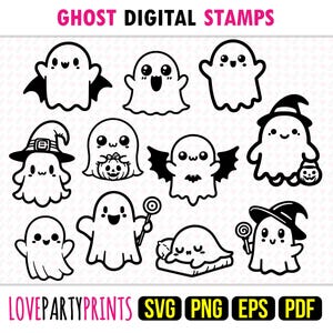 Halloween Ghosts Digital Stamps, 88 Line Art Clipart Bundle, Cute Ghost ...