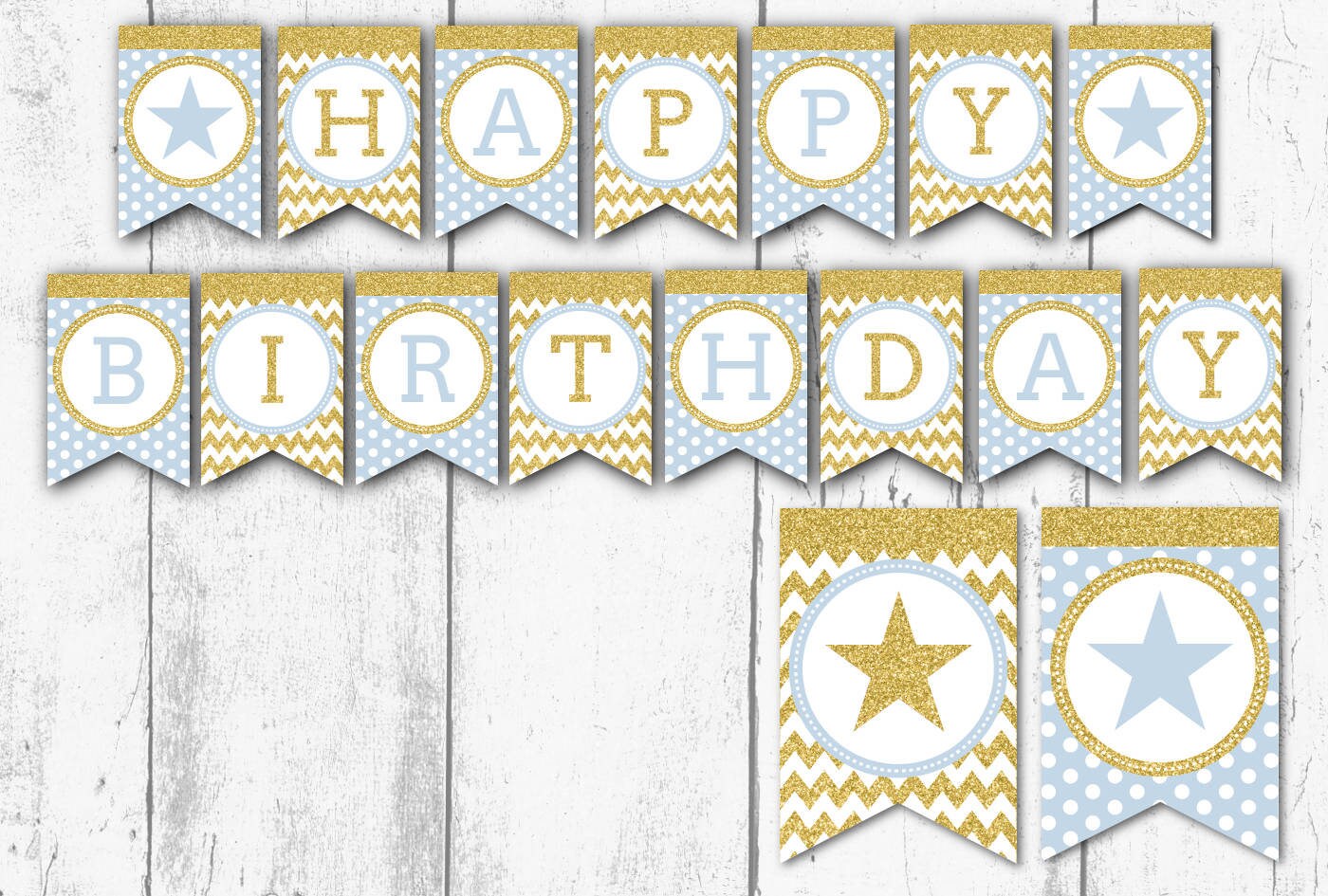 PRINTABLE BIRTHDAY BANNER, Happy Birthday Banner, Pale Blue and Gold ...