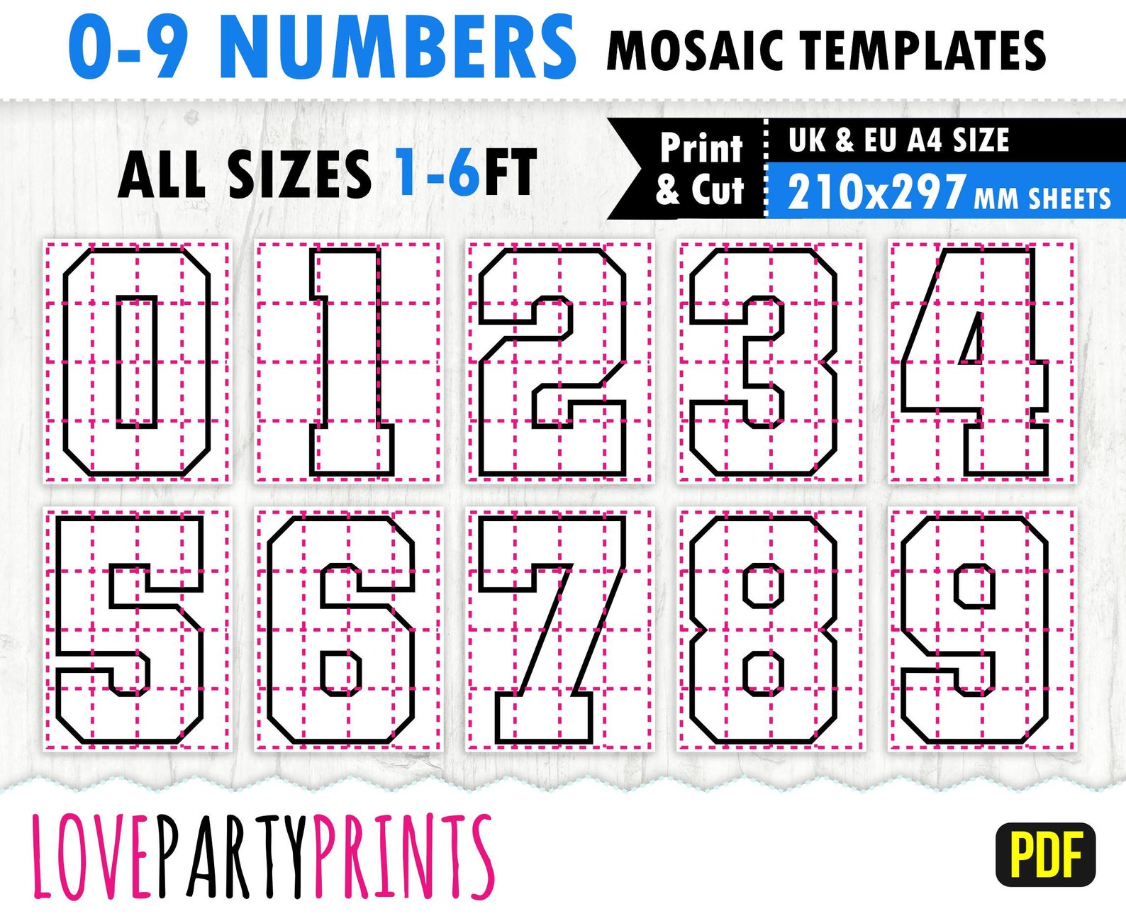 A4 Number Mosaic PDF Balloons Templates, 6ft, 5ft, 4ft, 3ft, 2ft, 1ft ...