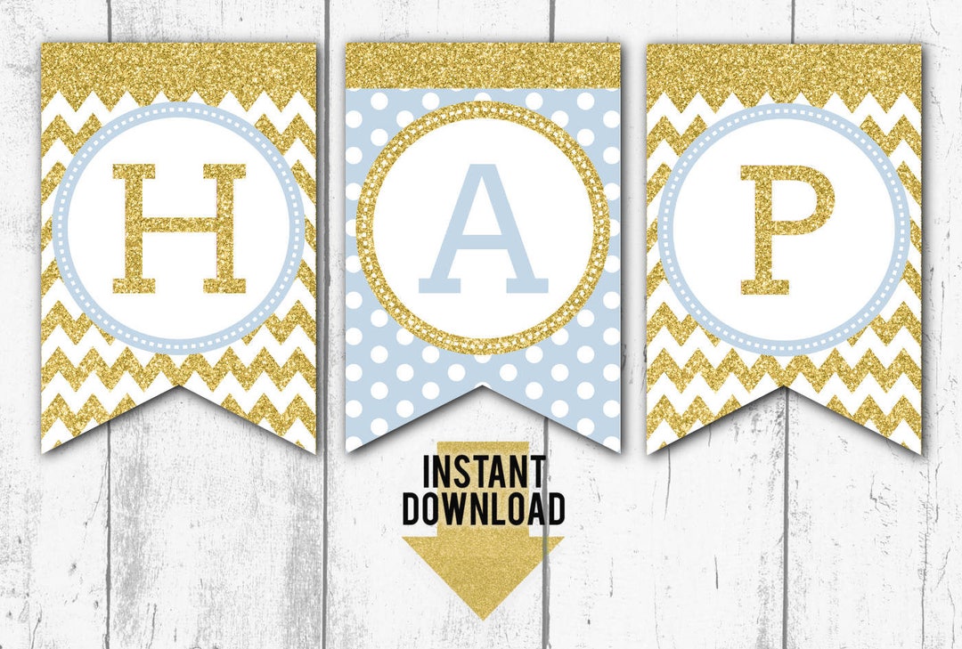 PRINTABLE BIRTHDAY BANNER, Happy Birthday Banner, Pale Blue and Gold ...