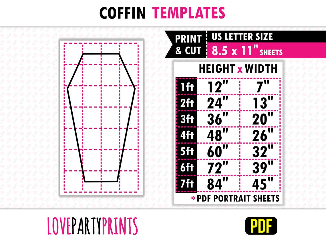Coffin Template PDF, 1ft-7ft Trace & Cut Templates, Life Size Halloween ...