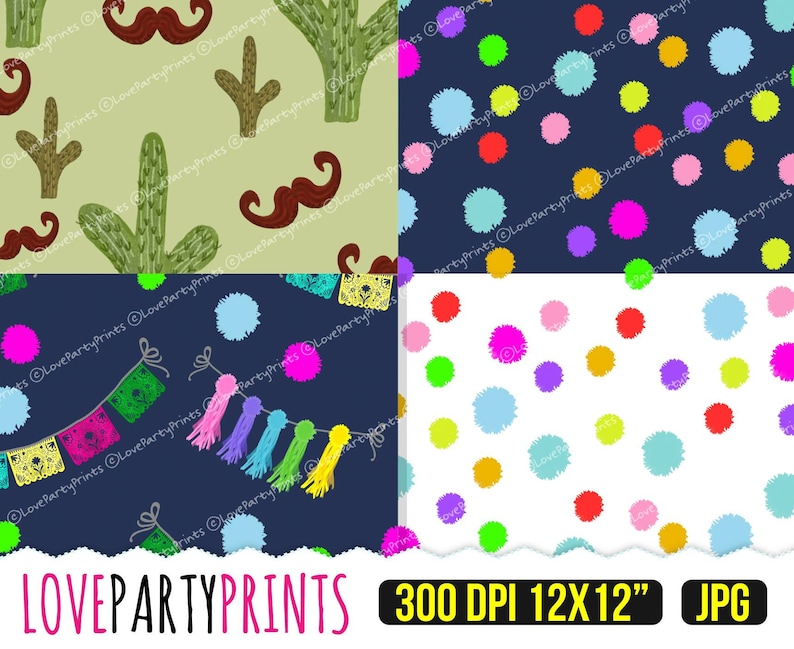 Fiesta Digital Paper, Seamless Patterns, Hand Drawn 12x12" 300dpi, (DP7 ...