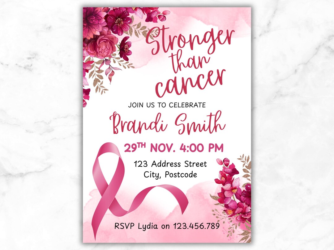 Stronger Than Cancer Invitation | Floral Pink Ribbon Bow Theme ...