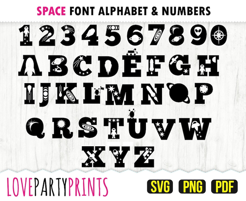 SPACE FONT SVG, Png, Pdf, Space Alphabet and Numbers Clipart, Kids ...