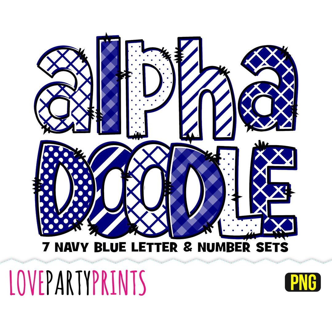 Navy Blue Letters Numbers Doodle Bundle, Uppercase & Lowercase, Royal ...