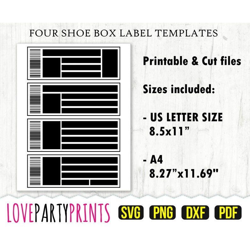 Shoe Box Label Template SVG, PDF, Png, Dxf, Four Template Designs, 7"x2 ...