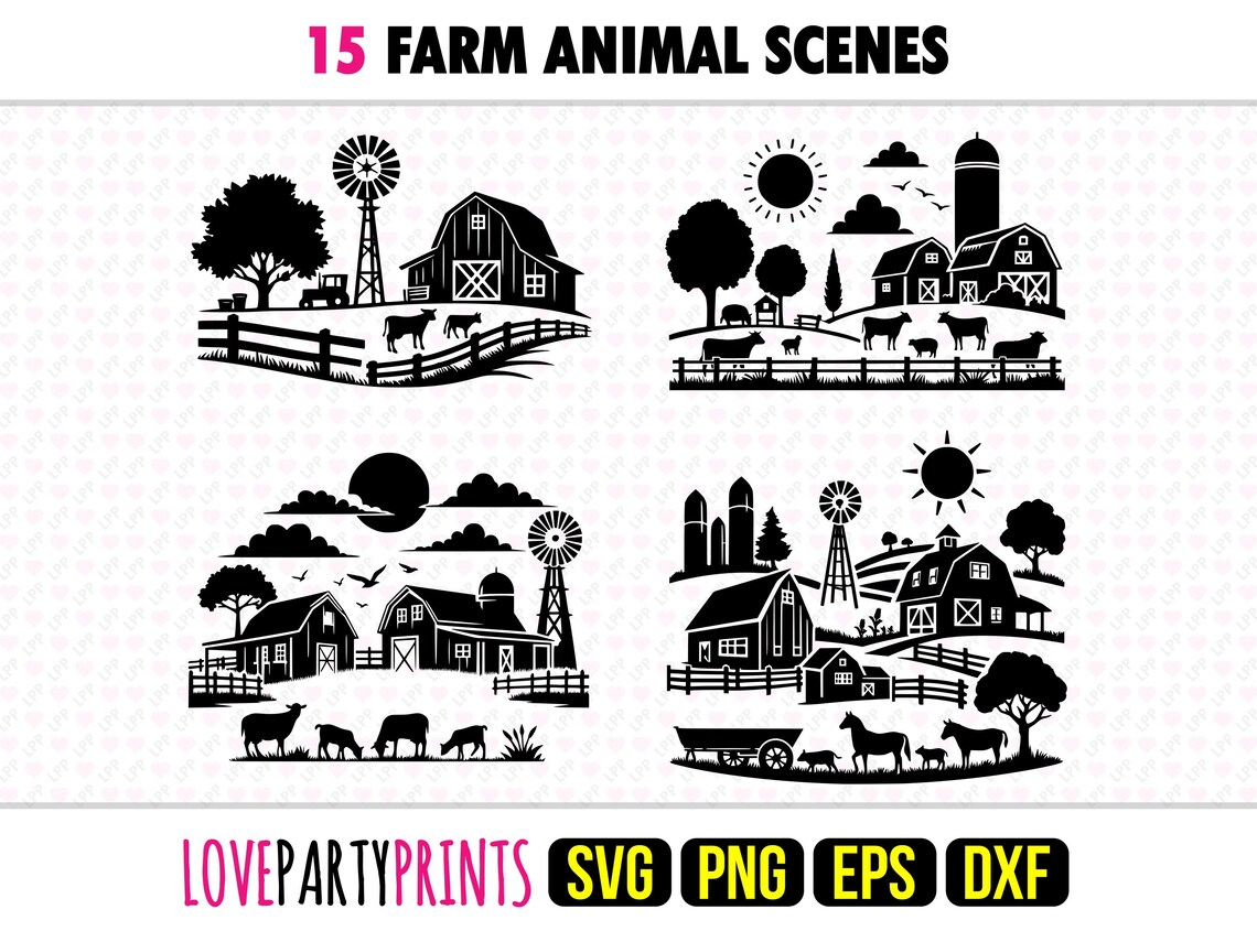Farm Animal Scene SVG Bundle, PNG, EPS, Dxf, Farming Scenes, Cow ...