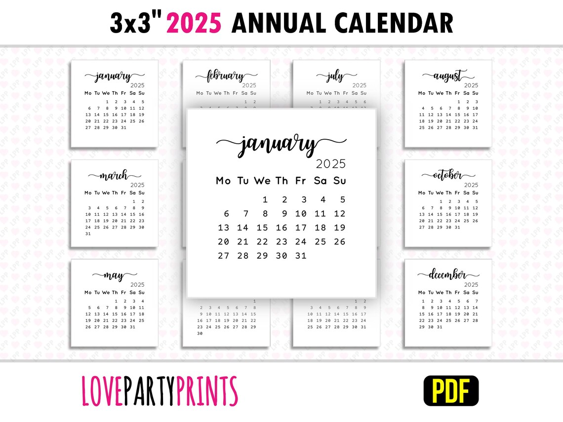 3x3 2025 Mini Calendar Annual Yearly PDF Printable A4 & Letter Size ...