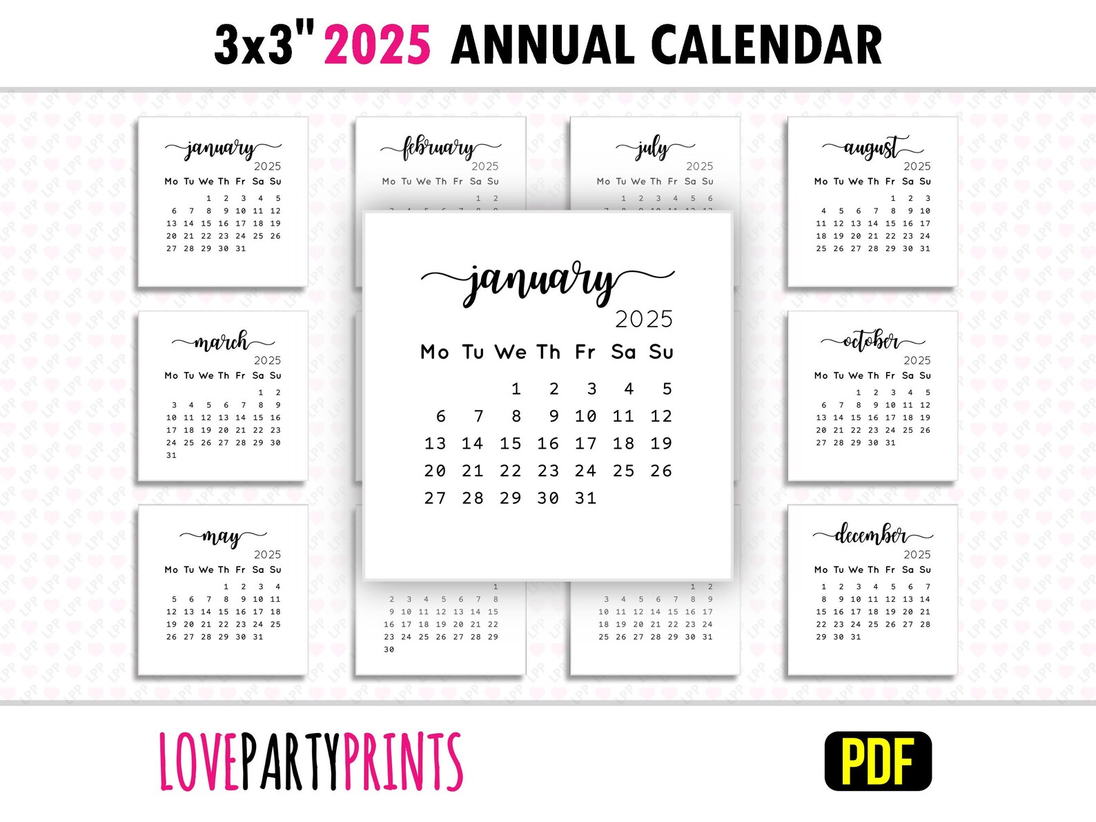 3x3 2025 Mini Calendar Annual Yearly PDF Printable A4 & Letter Size ...