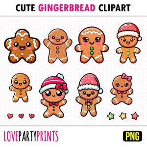 Cute Gingerbread Clipart PNG Bundle, Christmas Kawaii Gingerbread Man ...