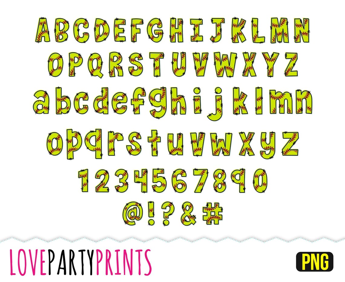 Softball Letters Numbers Doodle PNG Font, Uppercase & Lowercase ...