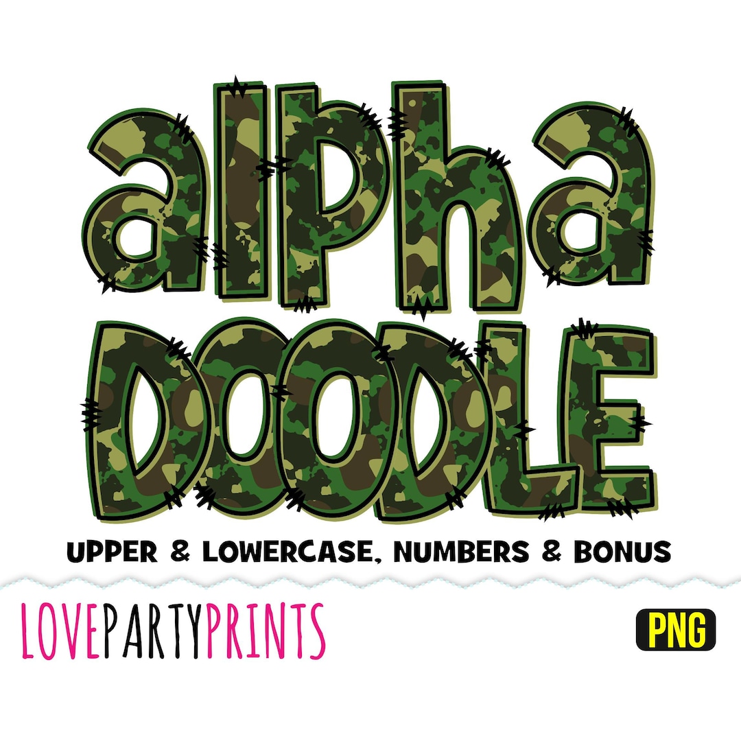 Camo Doodle Alphabet PNG Font, Uppercase & Lowercase Alphabet, Numbers ...