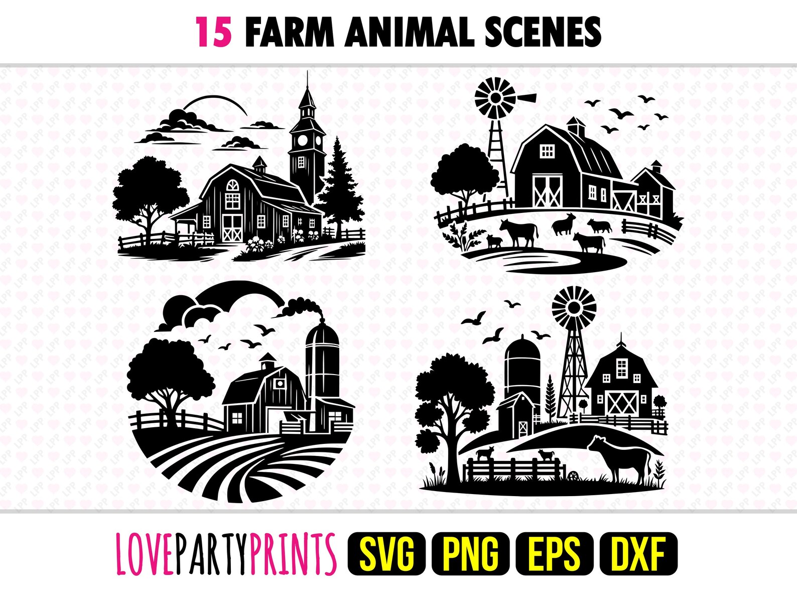 Farm Animal Scene SVG Bundle, PNG, EPS, Dxf, Farming Scenes, Cow ...