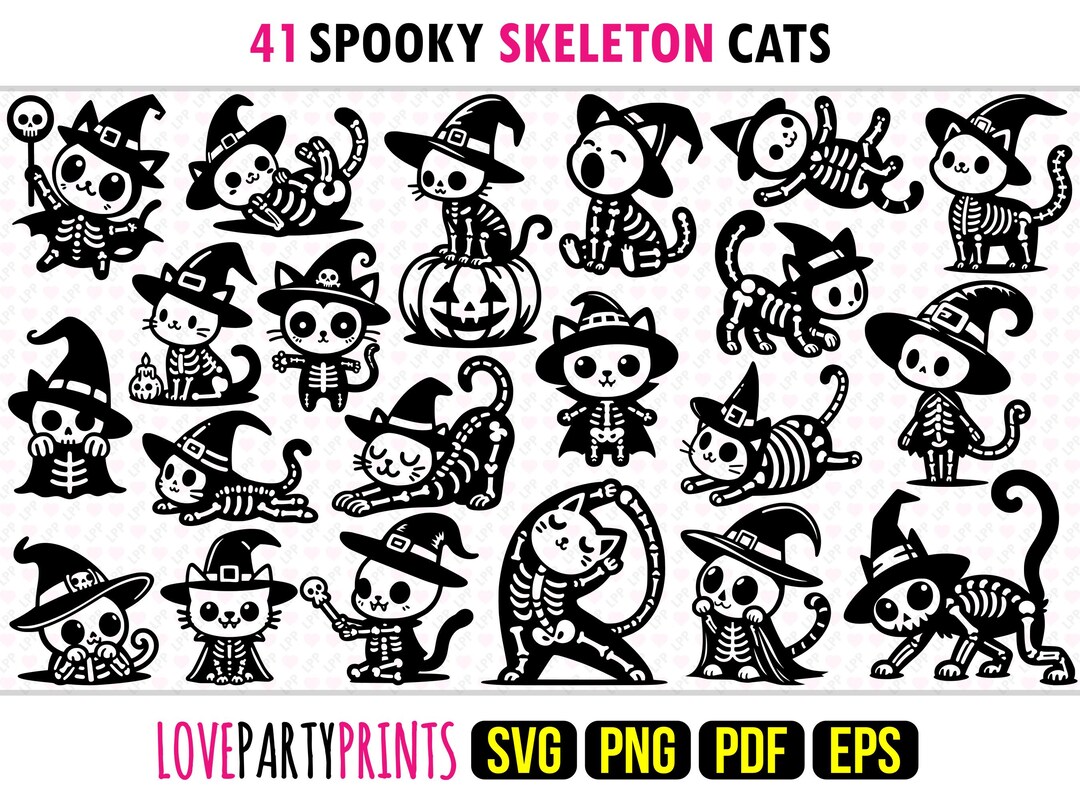 Cat Skeleton SVG Bundle, EPS, PNG, Pdf, Cute Halloween Cats, Funny ...