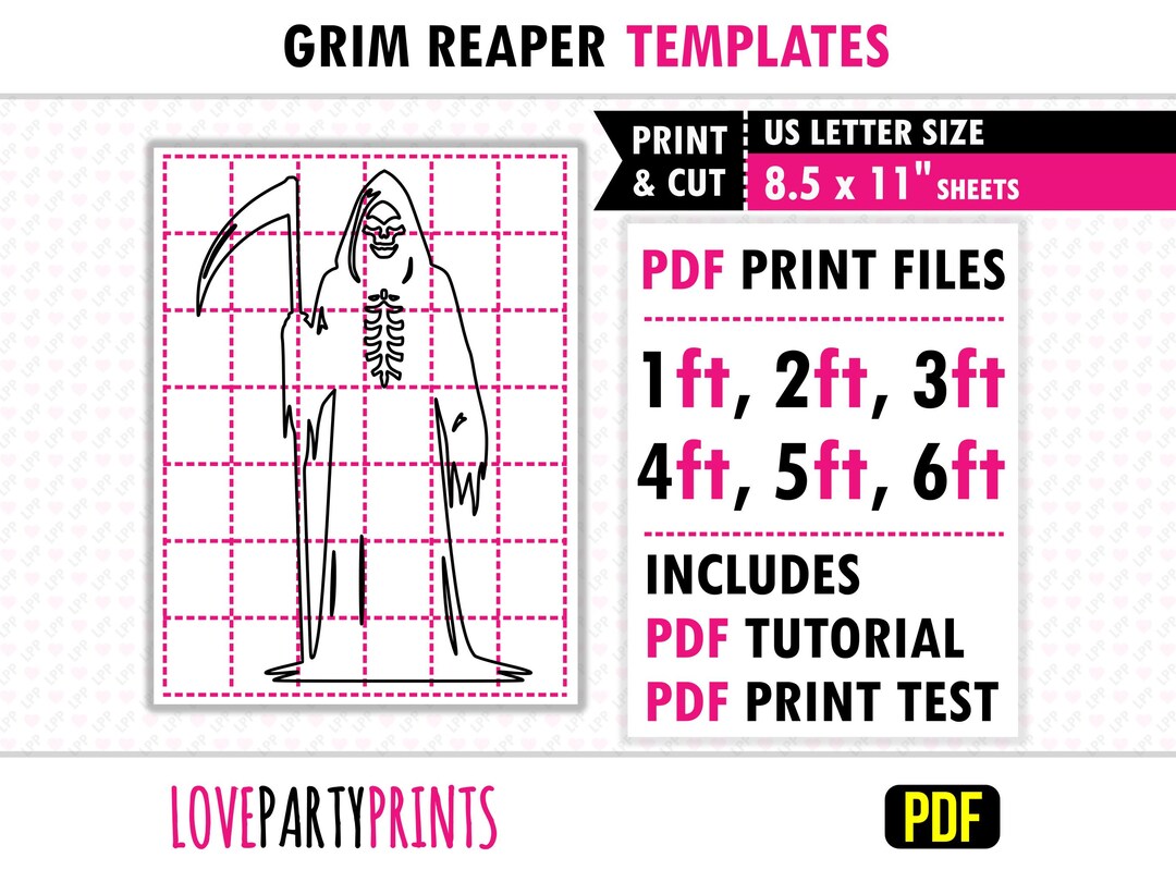 Grim Reaper Stencil PDF, 1ft - 6ft, Life Size Halloween Silhouette Prop ...