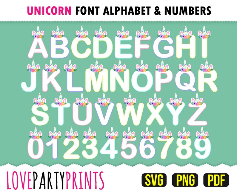 UNICORN ALPHABET Svg, Png and Pdf Files, Unicorn Font, Unicorn Numbers ...