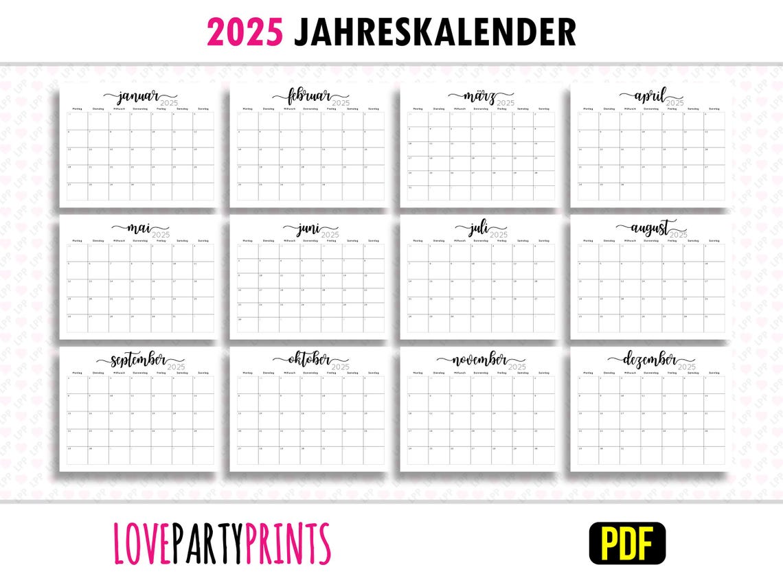2025 Kalender Druckbare Jährlich German PDF A4 & Letter-format Montag ...