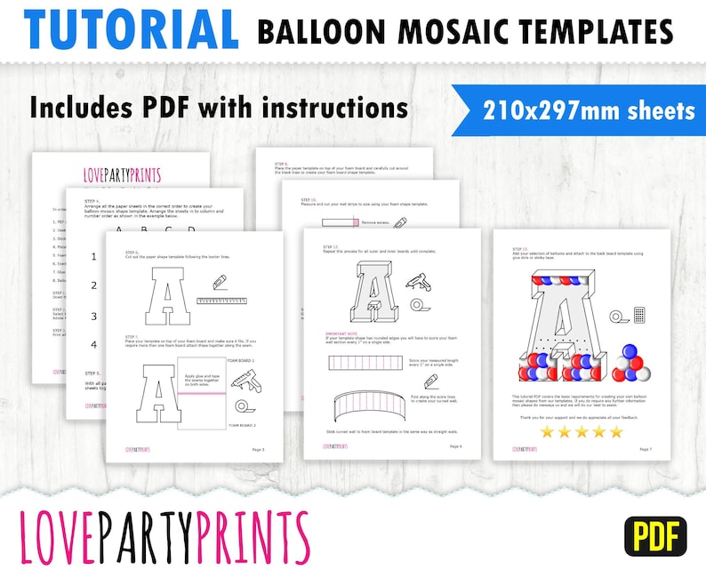 A4 Number Mosaic PDF Balloons Templates, 6ft, 5ft, 4ft, 3ft, 2ft, 1ft ...