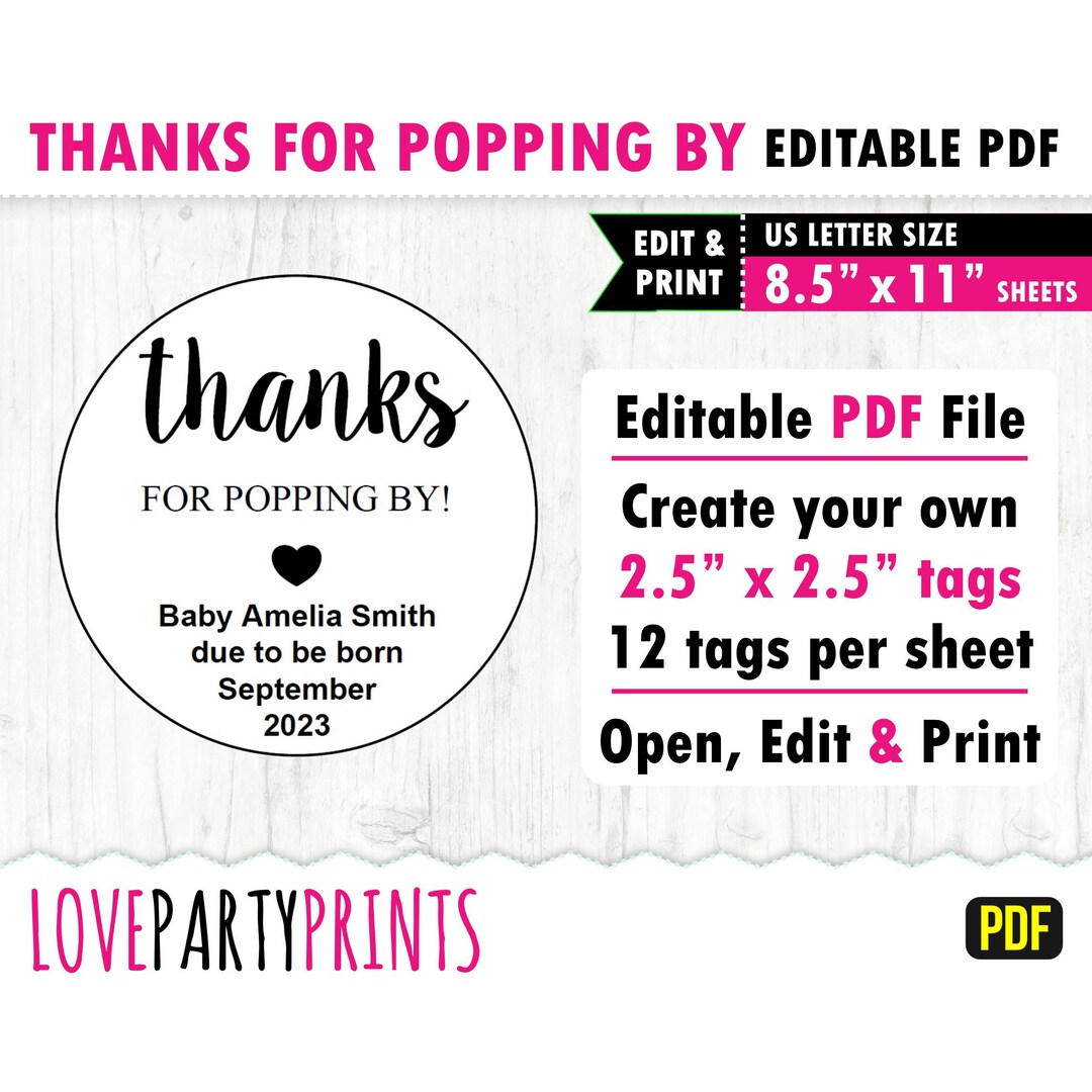 Editable PDF, Thanks for Popping by Favor Tags, Baby Popcorn Shower ...