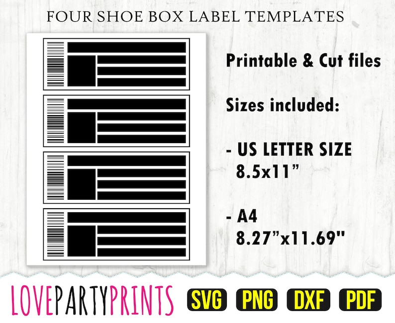 Shoe Box Label Template SVG, PDF, Png, Dxf, Four Template Designs, 7"x2 ...