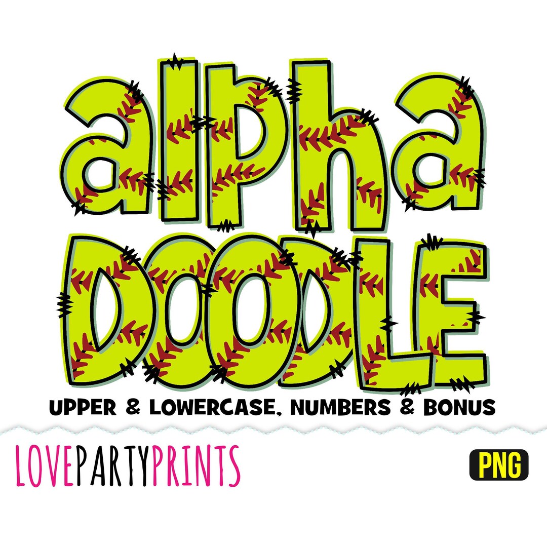 Softball Letters Numbers Doodle PNG Font, Uppercase & Lowercase ...