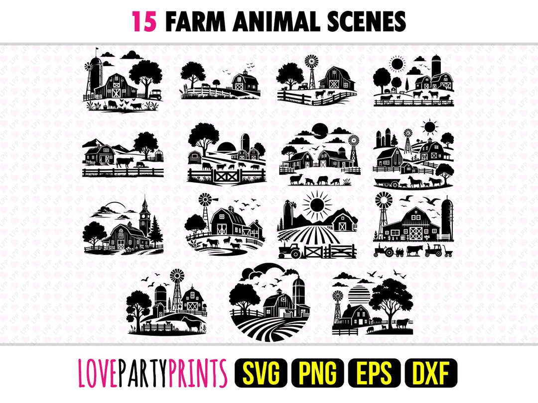 Farm Animal Scene SVG Bundle, PNG, EPS, Dxf, Farming Scenes, Cow ...