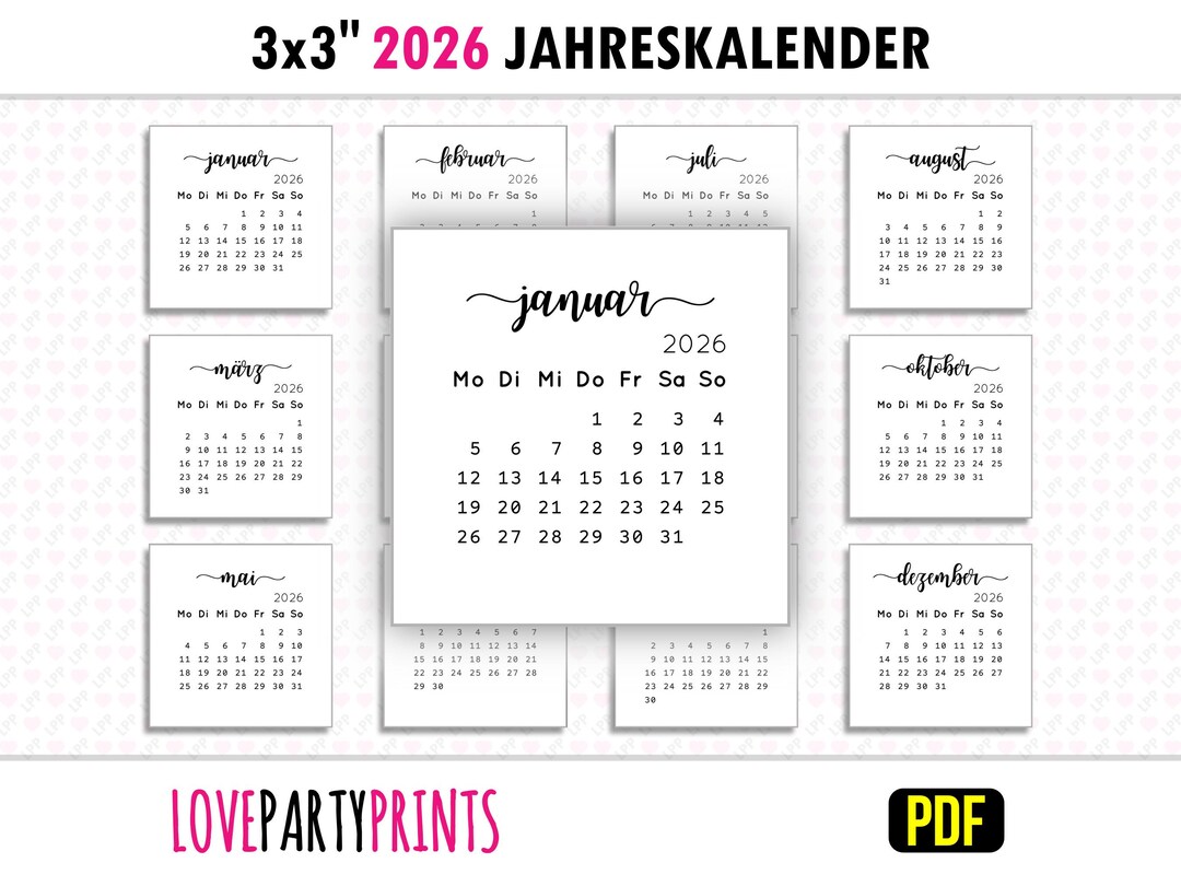 3x3 2026 Kalender Jährlich German PDF Druckbare A4 & Letter Format Montag Und Sonntag Woche ...