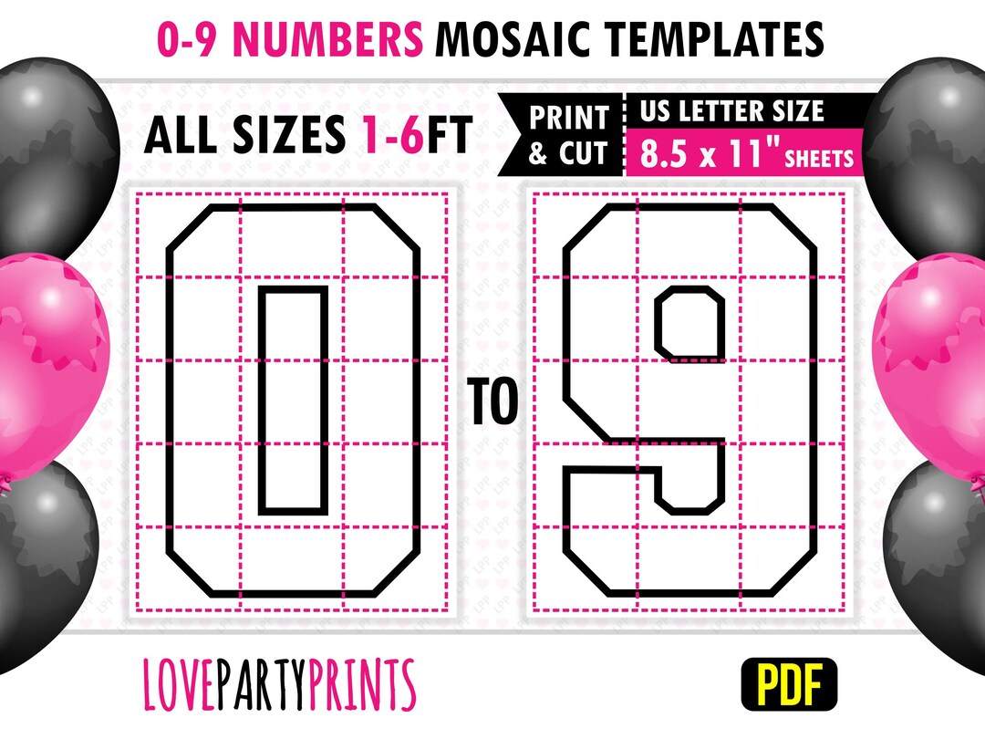 6ft, 5ft, 4ft, 3ft, 2ft, 1ft, 0-9 All Numbers Mosaic Balloons Templates ...