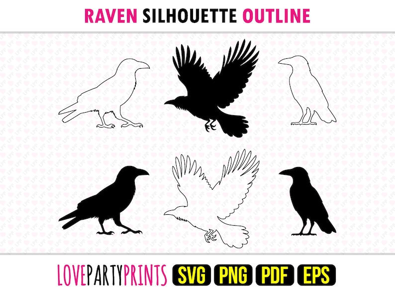 Raven Silhouette Outline Bundle SVG, PNG, EPS, Pdf, Crow Bird Cutting ...