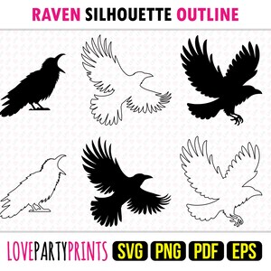 Raven Silhouette Outline Bundle SVG, PNG, EPS, Pdf, Crow Bird Cutting ...