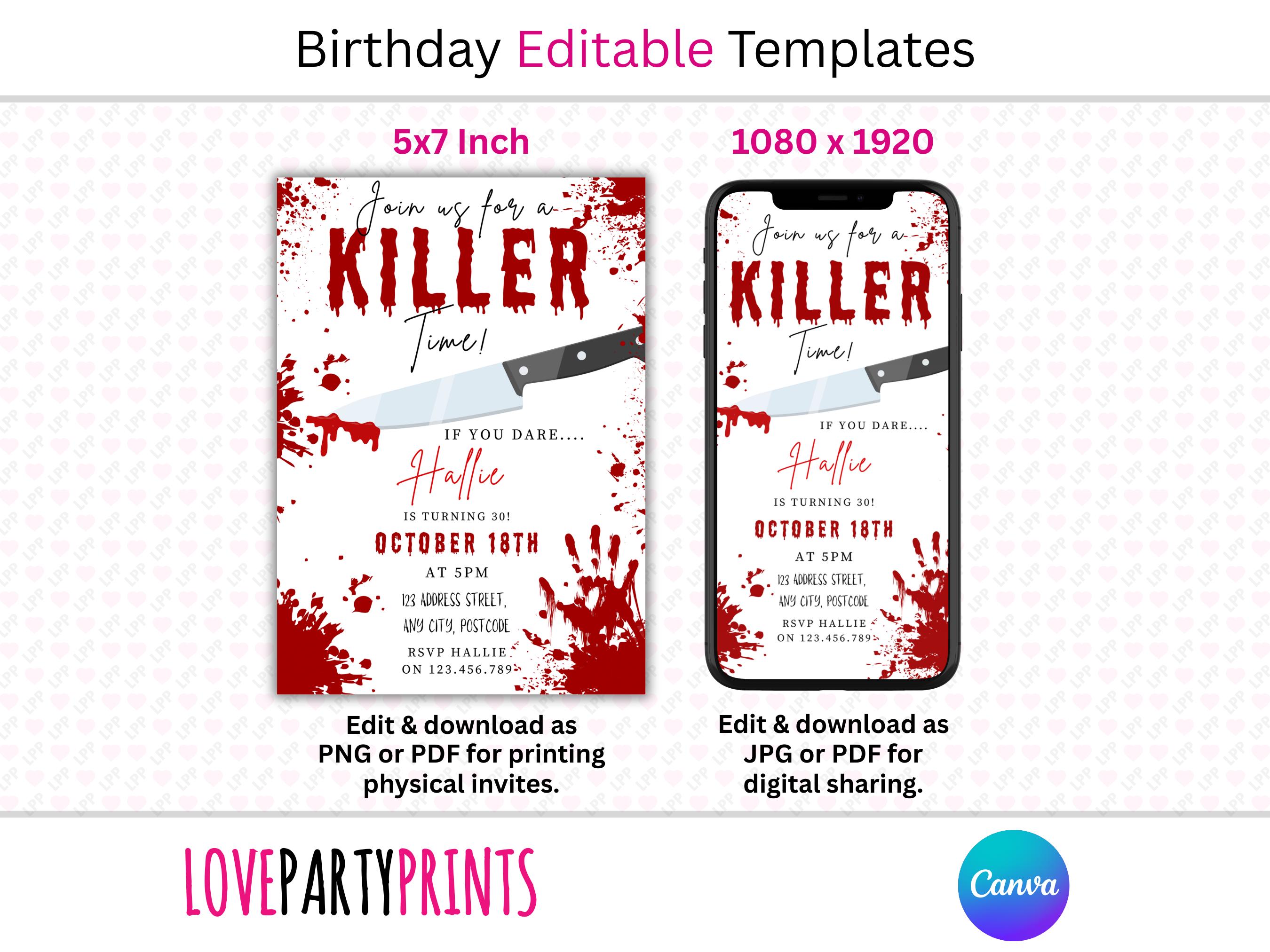 Have A Killer Time Birthday Invitation | Horror Party | Editable Canva ...