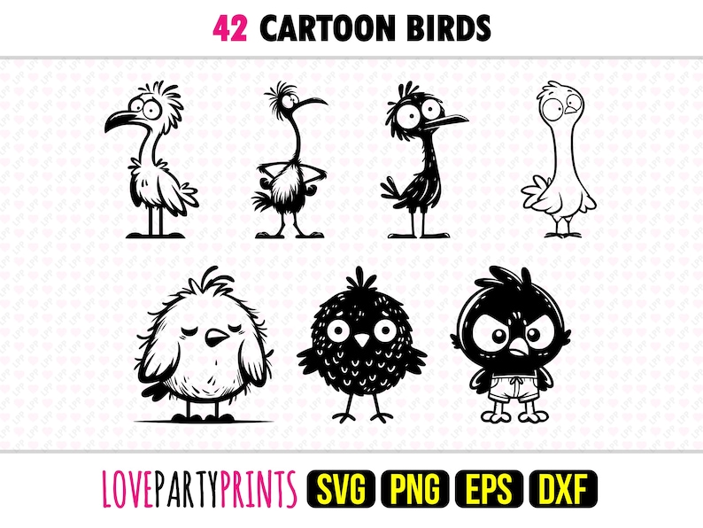 Cartoon Birds SVG Bundle, PNG, EPS, Dxf, Funny Bird Silhouette Template ...