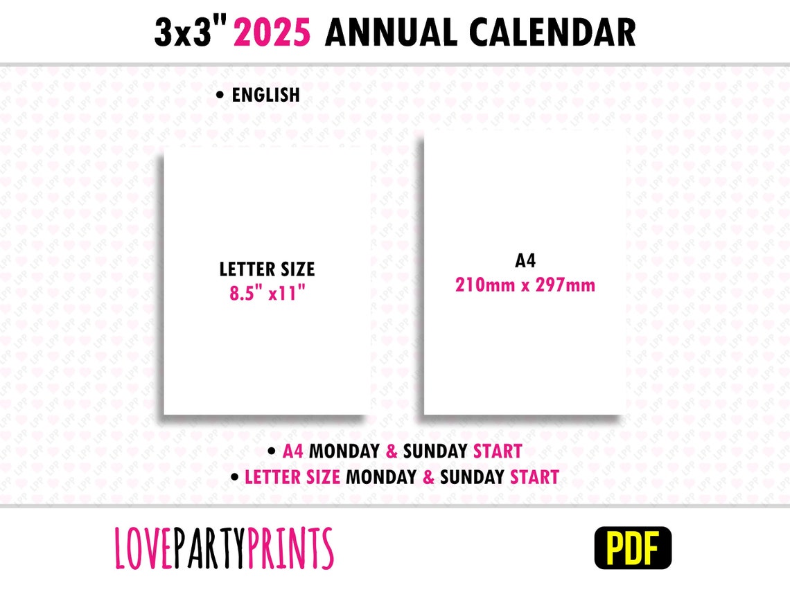 3x3 2025 Mini Calendar Annual Yearly PDF Printable A4 & Letter Size ...
