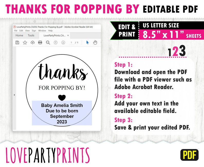 Editable PDF, Thanks for Popping by Favor Tags, Baby Popcorn Shower ...
