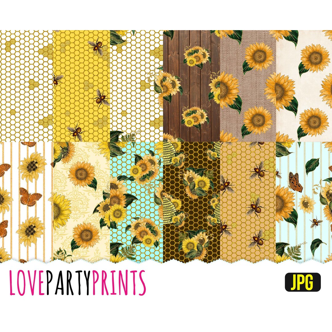Sunflower Bee Patterns, Digital Paper Pack, Beehive Digital Paper ...