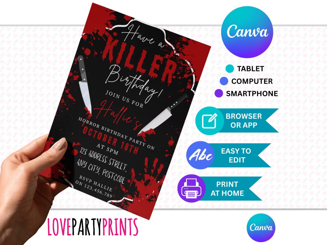 Have A Killer Birthday Invitation, Canva Text Template, 5x7 Inch ...