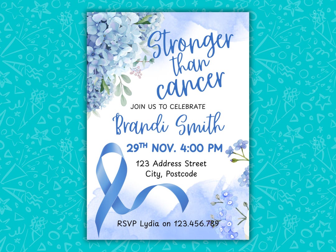 Stronger Than Cancer Invitation, Blue Ribbon Bow Theme, Floral Cancer ...