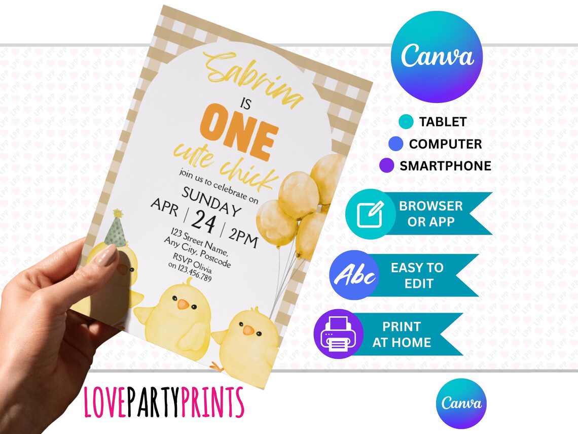 One Cute Chick 1st Birthday Invitation Template | Editable Canva | Baby ...