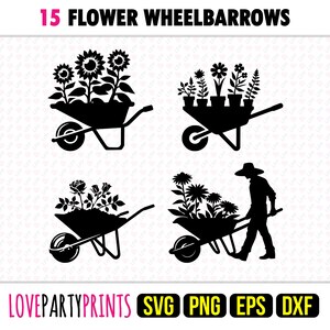 Wheelbarrow SVG Bundle, PNG, EPS, Dxf, Flower Wheelbarrows, Floral ...