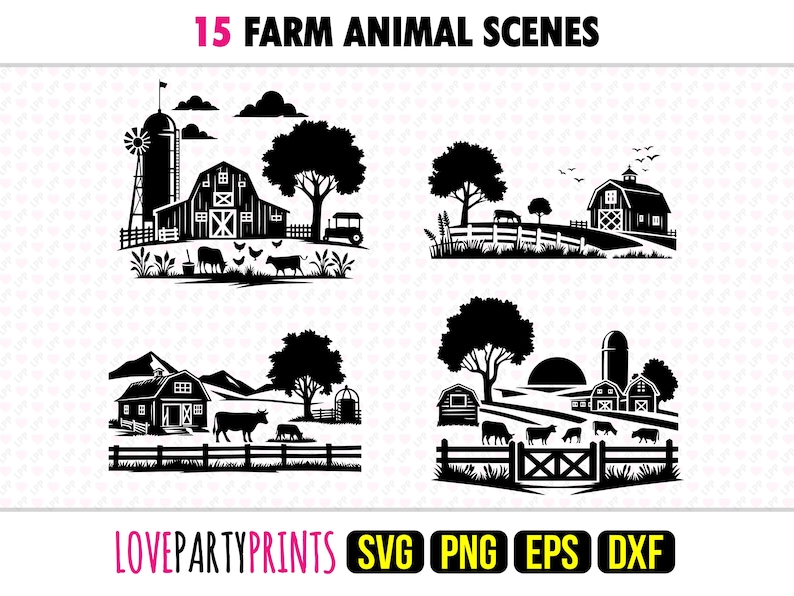 Farm Animal Scene SVG Bundle, PNG, EPS, Dxf, Farming Scenes, Cow ...